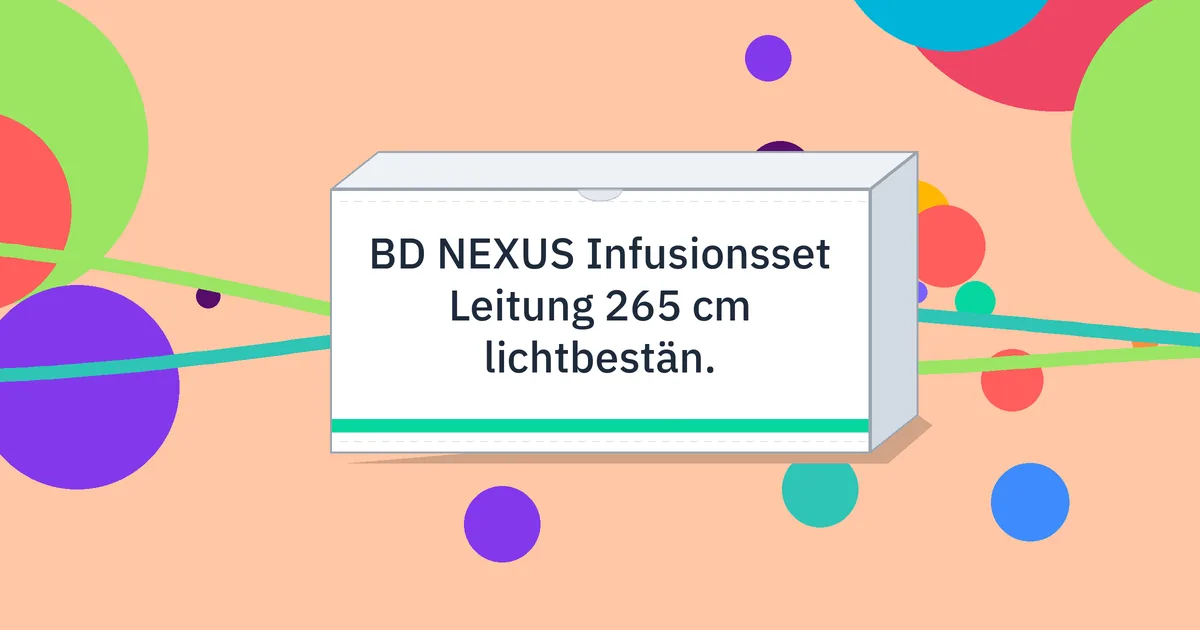 Symbolbild: Packung mit der Aufschrift BD NEXUS Infusionsset Leitung 265 cm lichtbestän. (PZN 19302028) – Verfügbarkeit und Bezug in Apotheken in Frankfurt am Main