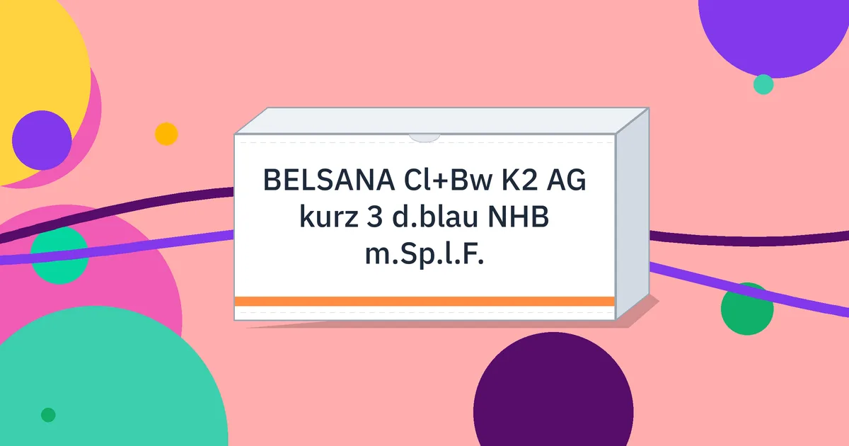 Symbolbild: Packung mit der Aufschrift BELSANA Cl+Bw K2 AG kurz 3 d.blau NHB m.Sp.l.F. (PZN 15627207) – Verfügbarkeit und Bezug in Apotheken in Frankfurt am Main
