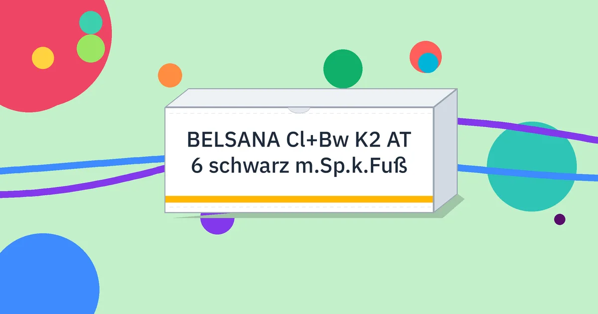 Symbolbild: Packung mit der Aufschrift BELSANA Cl+Bw K2 AT 6 schwarz m.Sp.k.Fuß (PZN 12253491) – Verfügbarkeit und Bezug in Apotheken in Frankfurt am Main