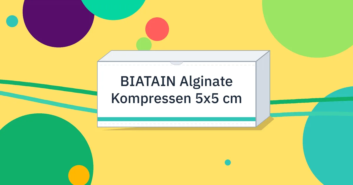 Symbolbild: Packung mit der Aufschrift BIATAIN Alginate Kompressen 5x5 cm (PZN 19223429) – Verfügbarkeit und Bezug in Apotheken in Frankfurt am Main