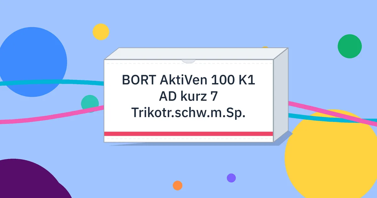 Symbolbild: Packung mit der Aufschrift BORT AktiVen 100 K1 AD kurz 7 Trikotr.schw.m.Sp. (PZN 14387184) – Verfügbarkeit und Bezug in Apotheken in Frankfurt am Main