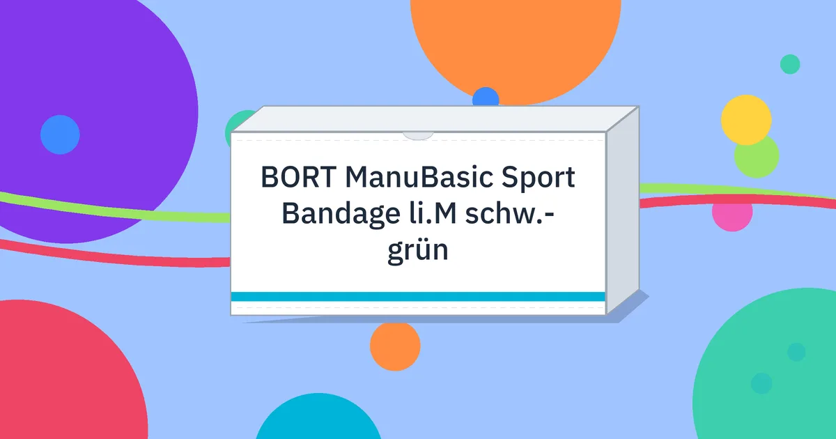 Symbolbild: Packung mit der Aufschrift BORT ManuBasic Sport Bandage li.M schw.-grün (PZN 02740178) – Verfügbarkeit und Bezug in Apotheken in Frankfurt am Main