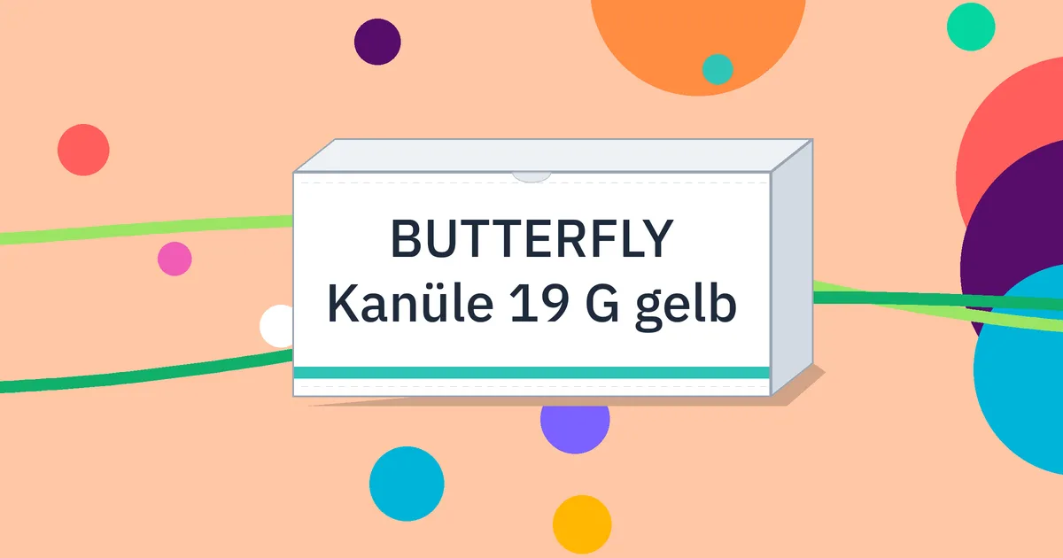 Symbolbild: Packung mit der Aufschrift BUTTERFLY Kanüle 19 G gelb (PZN 09685330) – Verfügbarkeit und Bezug in Apotheken in Frankfurt am Main