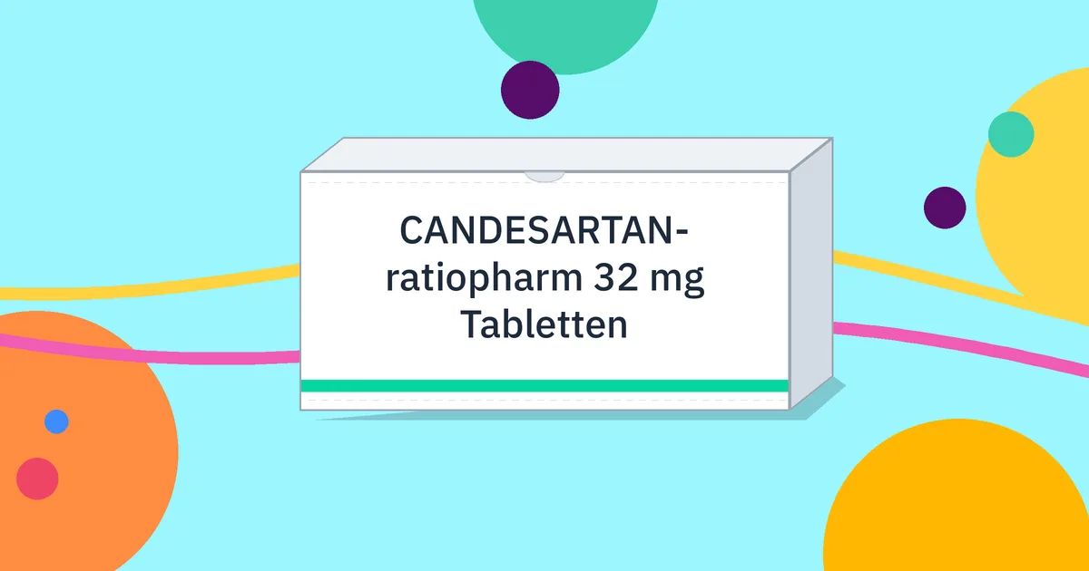 Symbolbild: Packung mit der Aufschrift CANDESARTAN-ratiopharm 32 mg Tabletten (PZN 08879813) – Verfügbarkeit und Bezug in Apotheken in Frankfurt am Main