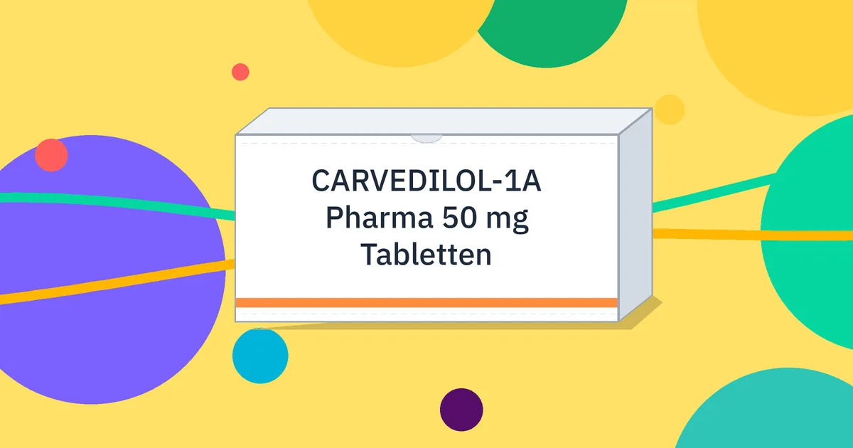 Symbolbild: Packung mit der Aufschrift CARVEDILOL-1A Pharma 50 mg Tabletten (PZN 00917572) – Verfügbarkeit und Bezug in Apotheken in Frankfurt am Main