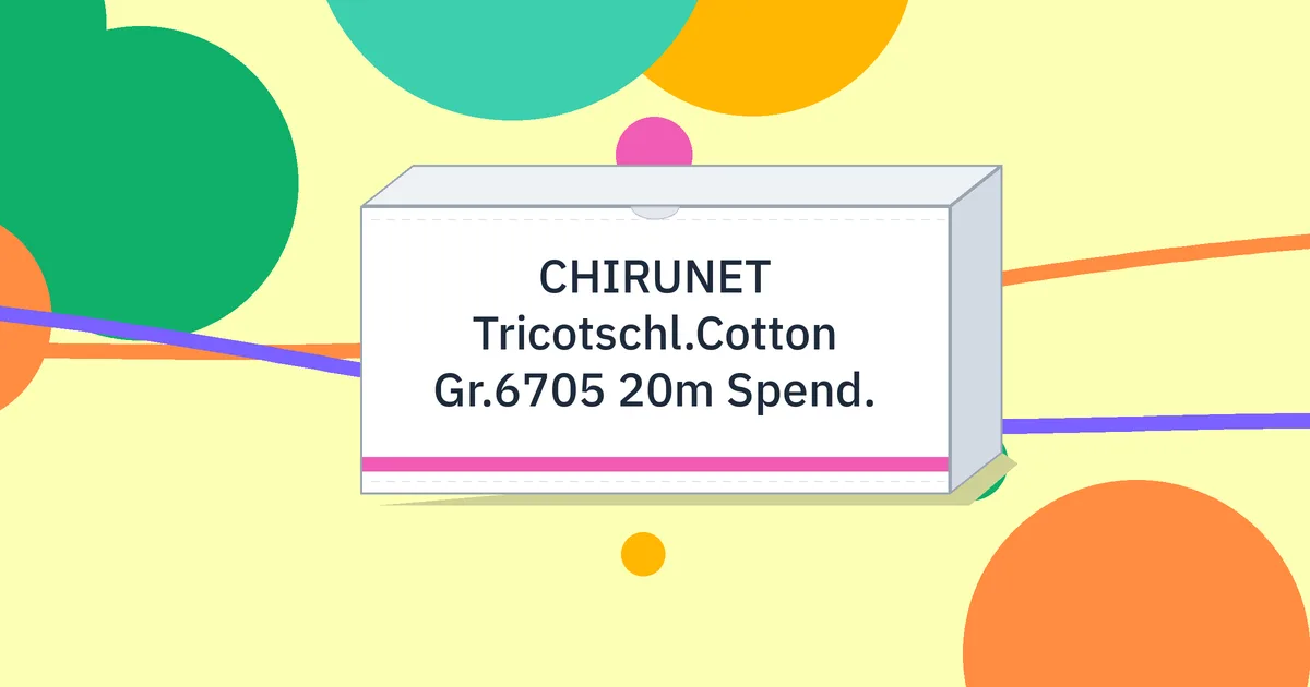 Symbolbild: Packung mit der Aufschrift CHIRUNET Tricotschl.Cotton Gr.6705 20m Spend. (PZN 00478061) – Verfügbarkeit und Bezug in Apotheken in Frankfurt am Main