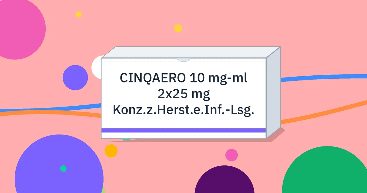 Symbolbild: Packung mit der Aufschrift CINQAERO 10 mg-ml 2x25 mg Konz.z.Herst.e.Inf.-Lsg. (PZN 13827818) – Verfügbarkeit und Bezug in Apotheken in Frankfurt am Main