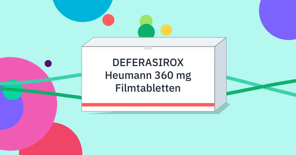 Symbolbild: Packung mit der Aufschrift DEFERASIROX Heumann 360 mg Filmtabletten (PZN 16358146) – Verfügbarkeit und Bezug in Apotheken in Frankfurt am Main
