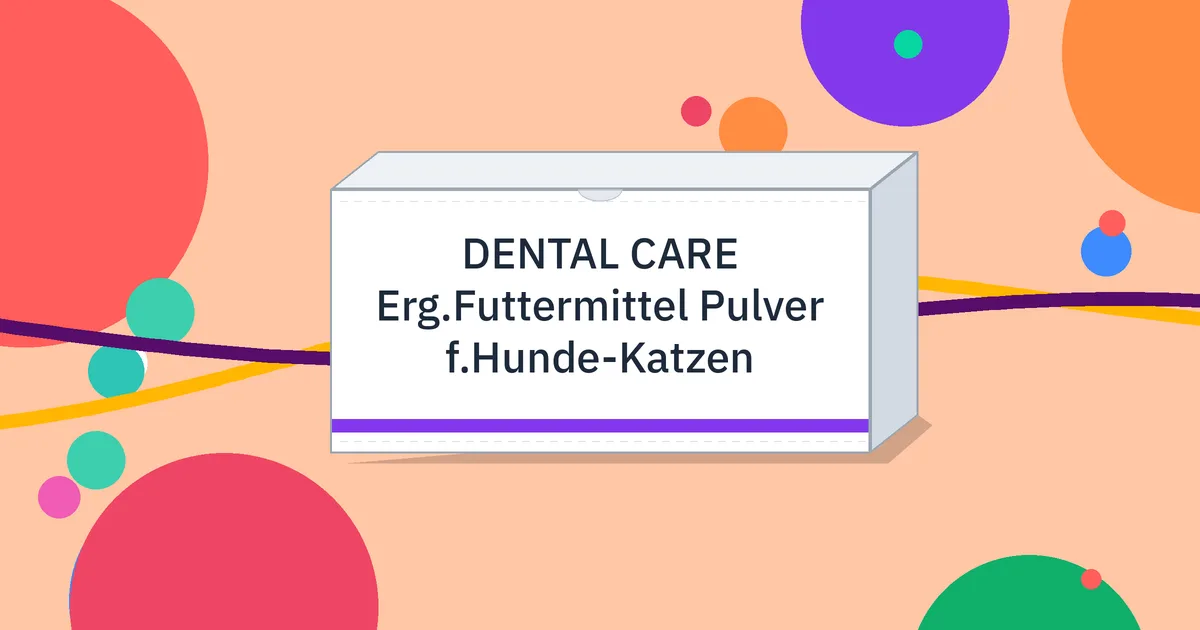 Symbolbild: Packung mit der Aufschrift DENTAL CARE Erg.Futtermittel Pulver f.Hunde-Katzen (PZN 20292890) – Verfügbarkeit und Bezug in Apotheken in Frankfurt am Main