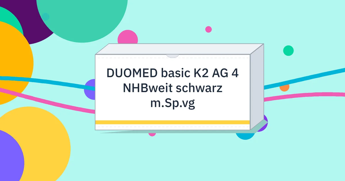 Symbolbild: Packung mit der Aufschrift DUOMED basic K2 AG 4 NHBweit schwarz m.Sp.vg (PZN 20909267) – Verfügbarkeit und Bezug in Apotheken in Frankfurt am Main