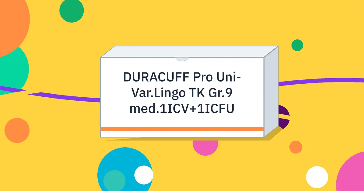 Symbolbild: Packung mit der Aufschrift DURACUFF Pro Uni-Var.Lingo TK Gr.9 med.1ICV+1ICFU (PZN 19245170) – Verfügbarkeit und Bezug in Apotheken in Frankfurt am Main