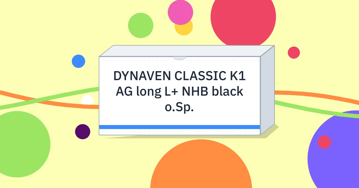 Symbolbild: Packung mit der Aufschrift DYNAVEN CLASSIC K1 AG long L+ NHB black o.Sp. (PZN 18415440) – Verfügbarkeit und Bezug in Apotheken in Frankfurt am Main