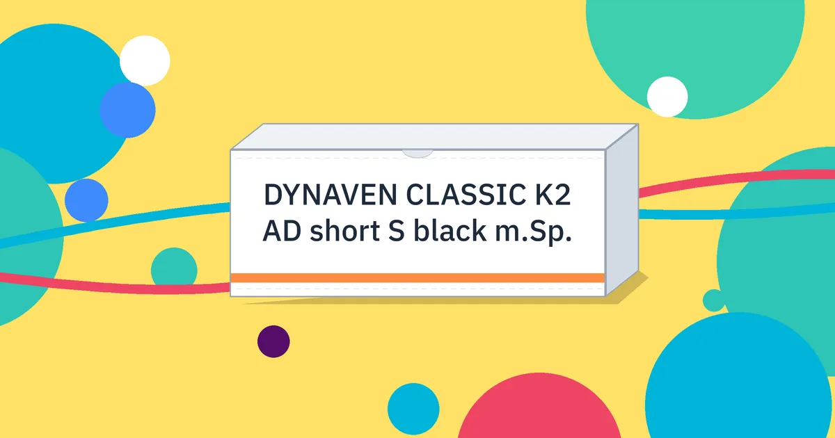 Symbolbild: Packung mit der Aufschrift DYNAVEN CLASSIC K2 AD short S black m.Sp. (PZN 18417634) – Verfügbarkeit und Bezug in Apotheken in Frankfurt am Main