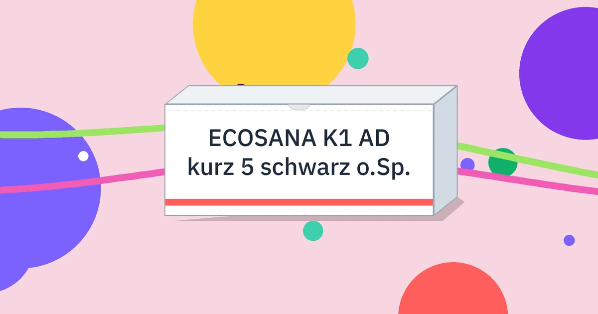 Symbolbild: Packung mit der Aufschrift ECOSANA K1 AD kurz 5 schwarz o.Sp. (PZN 04725007) – Verfügbarkeit und Bezug in Apotheken in Frankfurt am Main