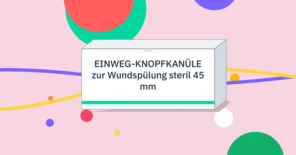 Symbolbild: Packung mit der Aufschrift EINWEG-KNOPFKANÜLE zur Wundspülung steril 45 mm (PZN 16956864) – Verfügbarkeit und Bezug in Apotheken in Frankfurt am Main