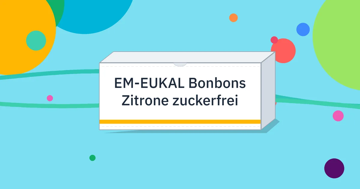 Symbolbild: Packung mit der Aufschrift EM-EUKAL Bonbons Zitrone zuckerfrei (PZN 03165977) – Verfügbarkeit und Bezug in Apotheken in Frankfurt am Main