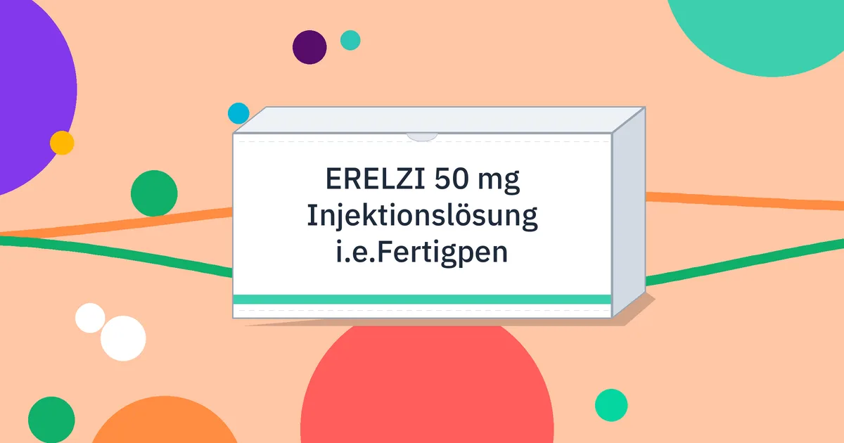 Symbolbild: Packung mit der Aufschrift ERELZI 50 mg Injektionslösung i.e.Fertigpen (PZN 14131941) – Verfügbarkeit und Bezug in Apotheken in Frankfurt am Main