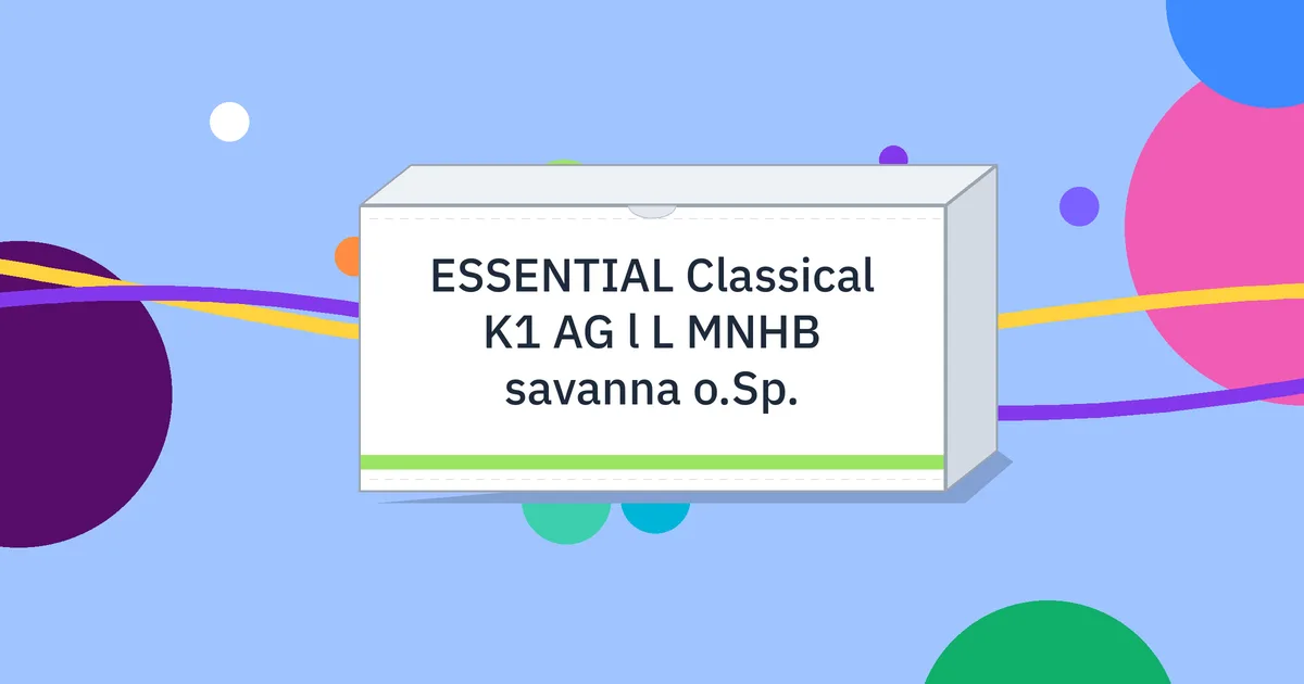 Symbolbild: Packung mit der Aufschrift ESSENTIAL Classical K1 AG l L MNHB savanna o.Sp. (PZN 19320492) – Verfügbarkeit und Bezug in Apotheken in Frankfurt am Main
