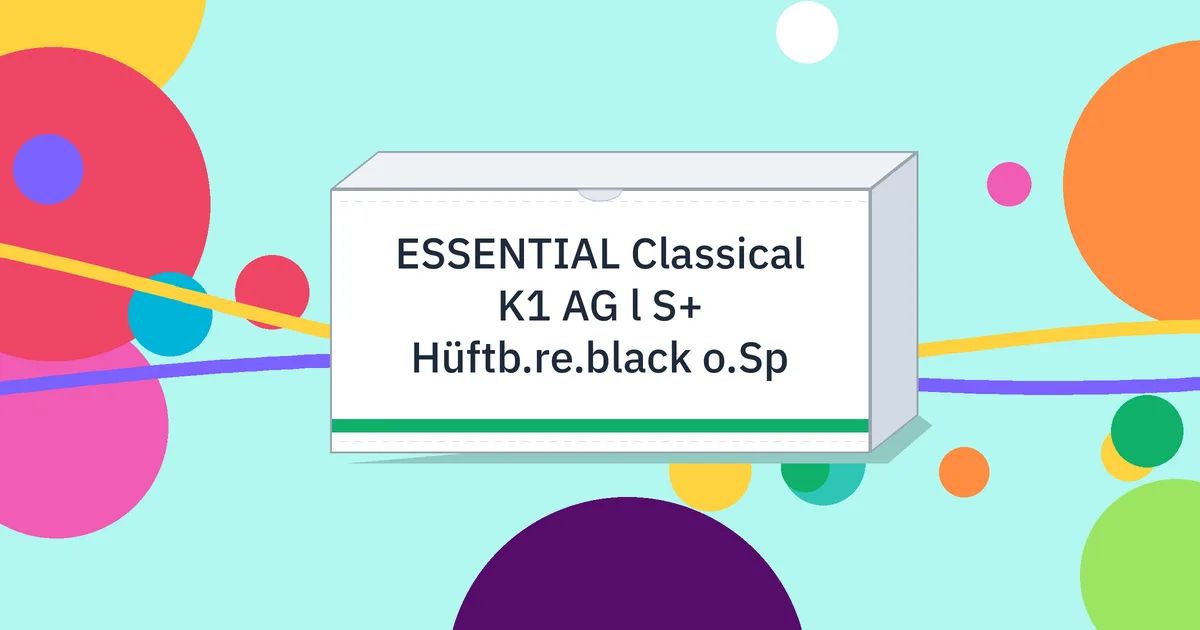 Symbolbild: Packung mit der Aufschrift ESSENTIAL Classical K1 AG l S+ Hüftb.re.black o.Sp (PZN 17013490) – Verfügbarkeit und Bezug in Apotheken in Frankfurt am Main
