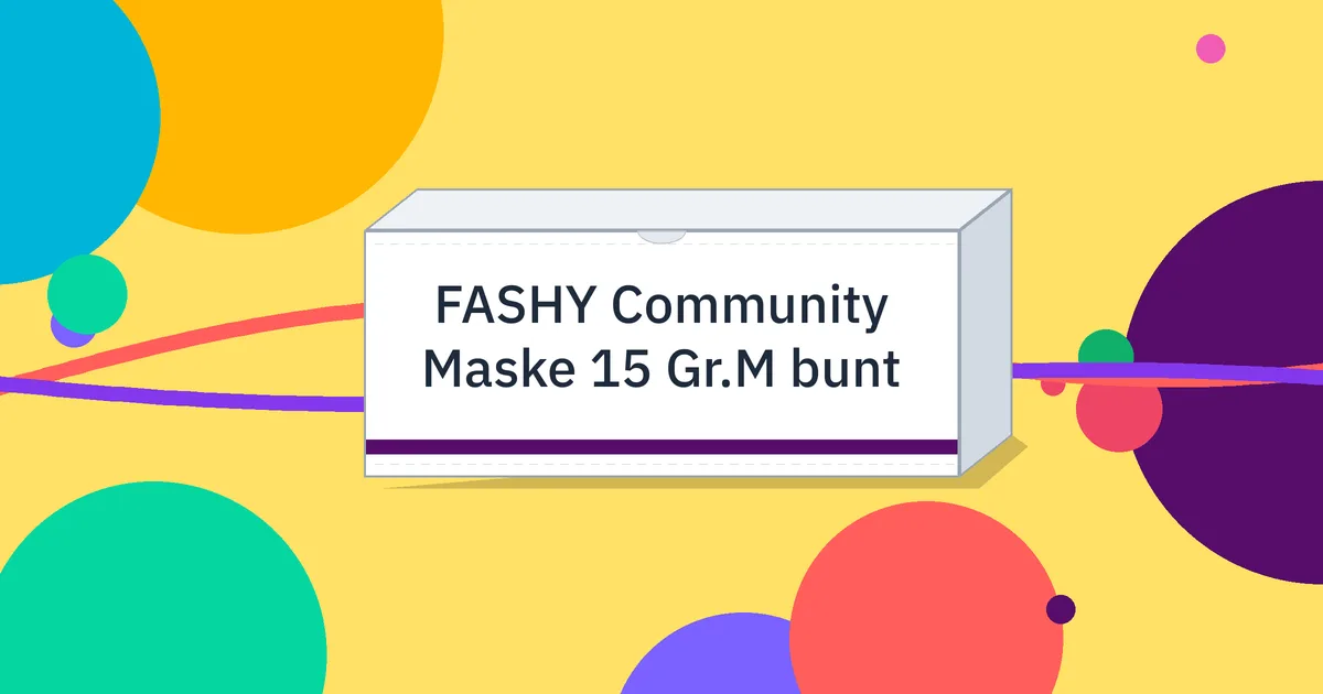 Symbolbild: Packung mit der Aufschrift FASHY Community Maske 15 Gr.M bunt (PZN 16945381) – Verfügbarkeit und Bezug in Apotheken in Frankfurt am Main