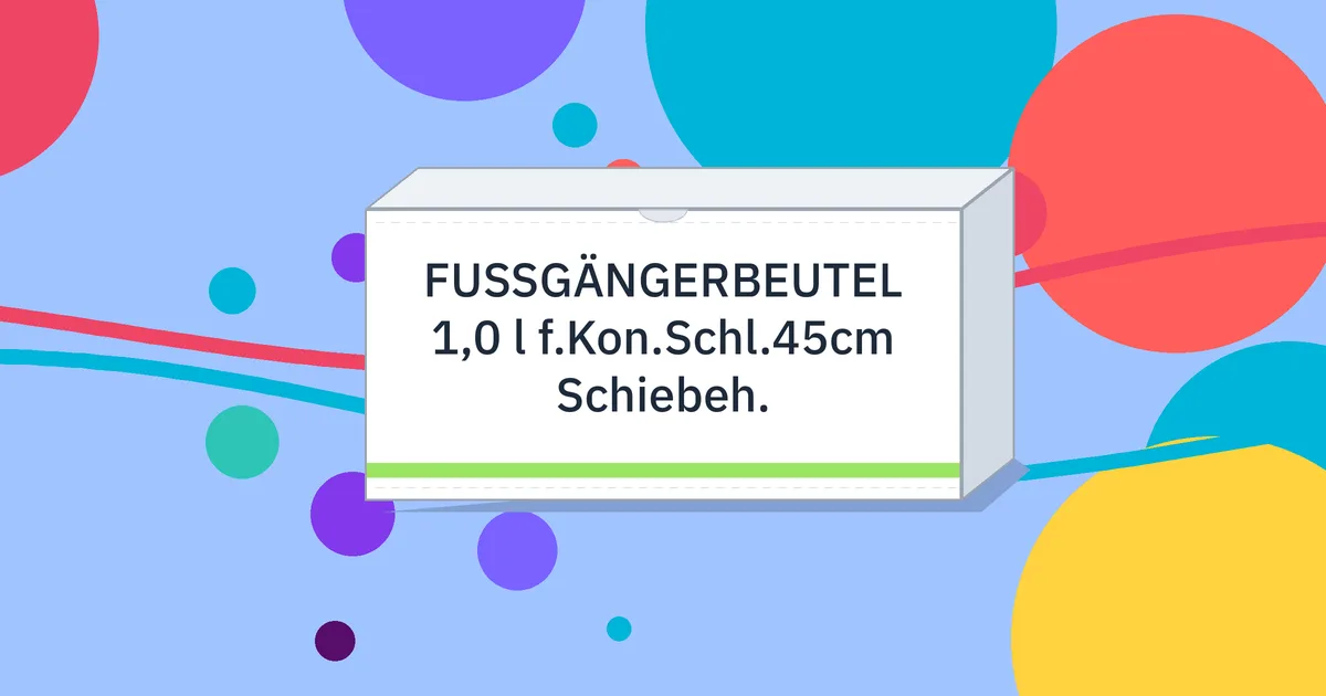 Symbolbild: Packung mit der Aufschrift FUSSGÄNGERBEUTEL 1,0 l f.Kon.Schl.45cm Schiebeh. (PZN 06096863) – Verfügbarkeit und Bezug in Apotheken in Frankfurt am Main