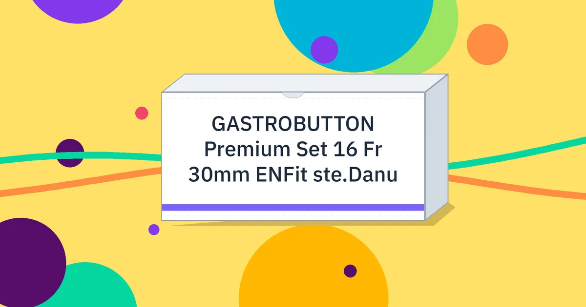 Symbolbild: Packung mit der Aufschrift GASTROBUTTON Premium Set 16 Fr 30mm ENFit ste.Danu (PZN 16883651) – Verfügbarkeit und Bezug in Apotheken in Frankfurt am Main