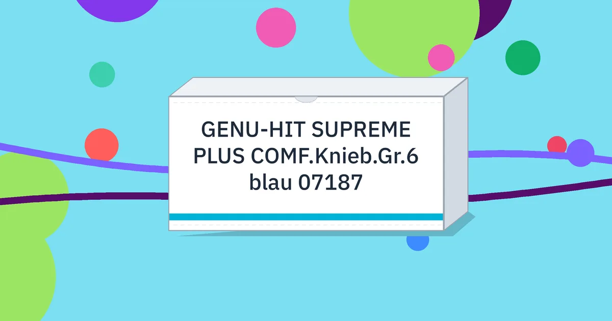 Symbolbild: Packung mit der Aufschrift GENU-HIT SUPREME PLUS COMF.Knieb.Gr.6 blau 07187 (PZN 18181539) – Verfügbarkeit und Bezug in Apotheken in Frankfurt am Main