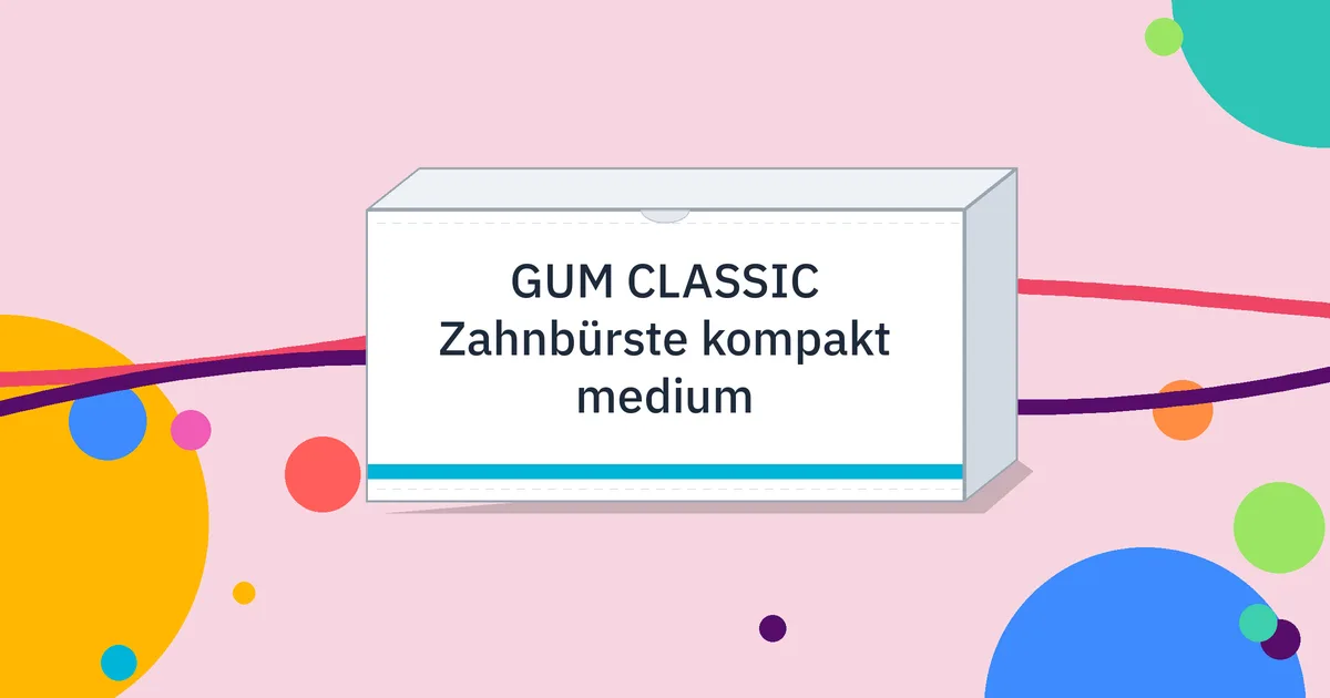 Symbolbild: Packung mit der Aufschrift GUM CLASSIC Zahnbürste kompakt medium (PZN 19436409) – Verfügbarkeit und Bezug in Apotheken in Frankfurt am Main