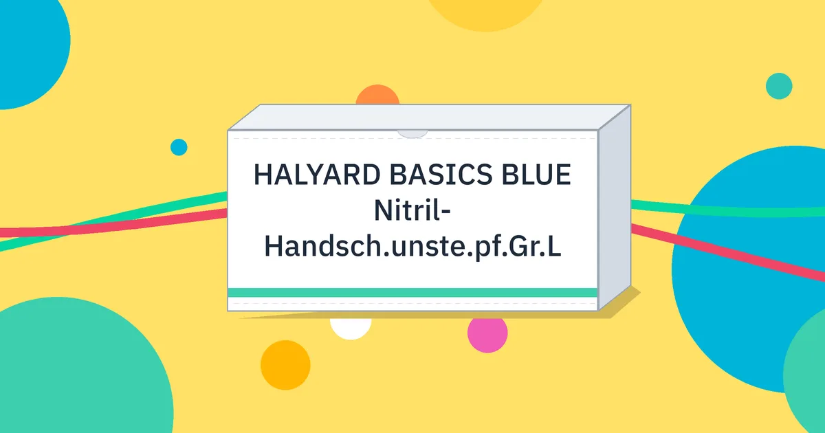 Symbolbild: Packung mit der Aufschrift HALYARD BASICS BLUE Nitril-Handsch.unste.pf.Gr.L (PZN 12608451) – Verfügbarkeit und Bezug in Apotheken in Frankfurt am Main