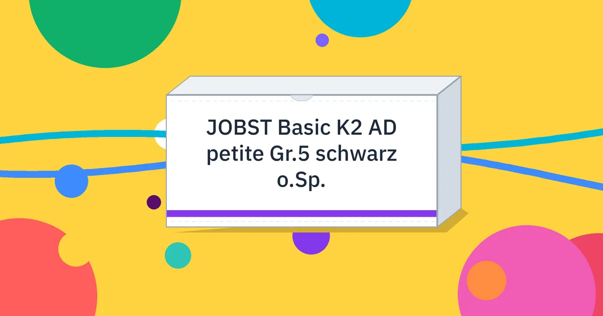 Symbolbild: Packung mit der Aufschrift JOBST Basic K2 AD petite Gr.5 schwarz o.Sp. (PZN 15311007) – Verfügbarkeit und Bezug in Apotheken in Frankfurt am Main