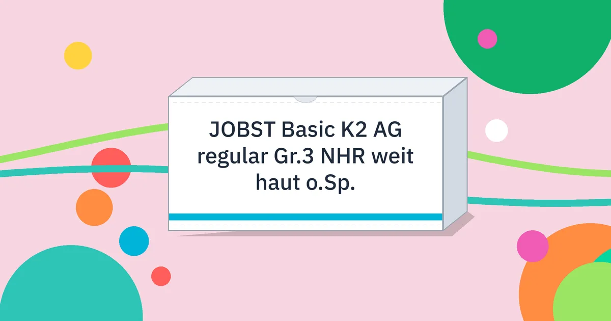 Symbolbild: Packung mit der Aufschrift JOBST Basic K2 AG regular Gr.3 NHR weit haut o.Sp. (PZN 11249582) – Verfügbarkeit und Bezug in Apotheken in Frankfurt am Main