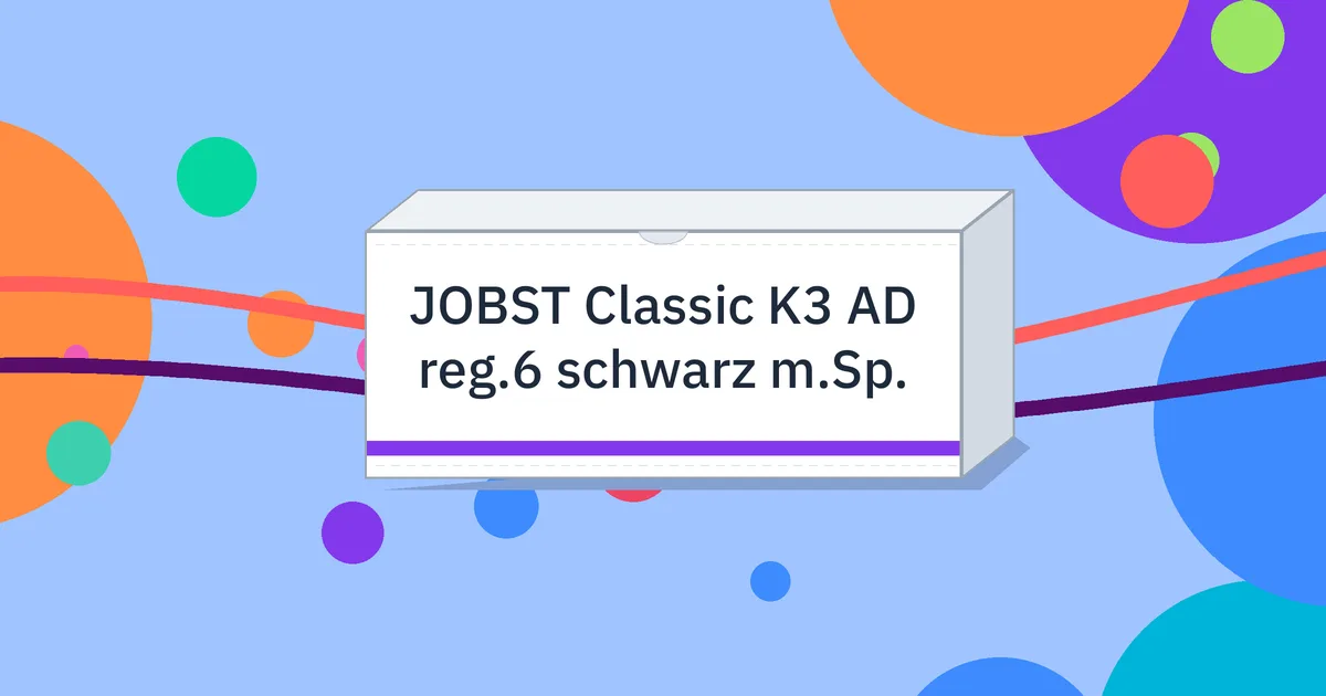 Symbolbild: Packung mit der Aufschrift JOBST Classic K3 AD reg.6 schwarz m.Sp. (PZN 13071102) – Verfügbarkeit und Bezug in Apotheken in Frankfurt am Main