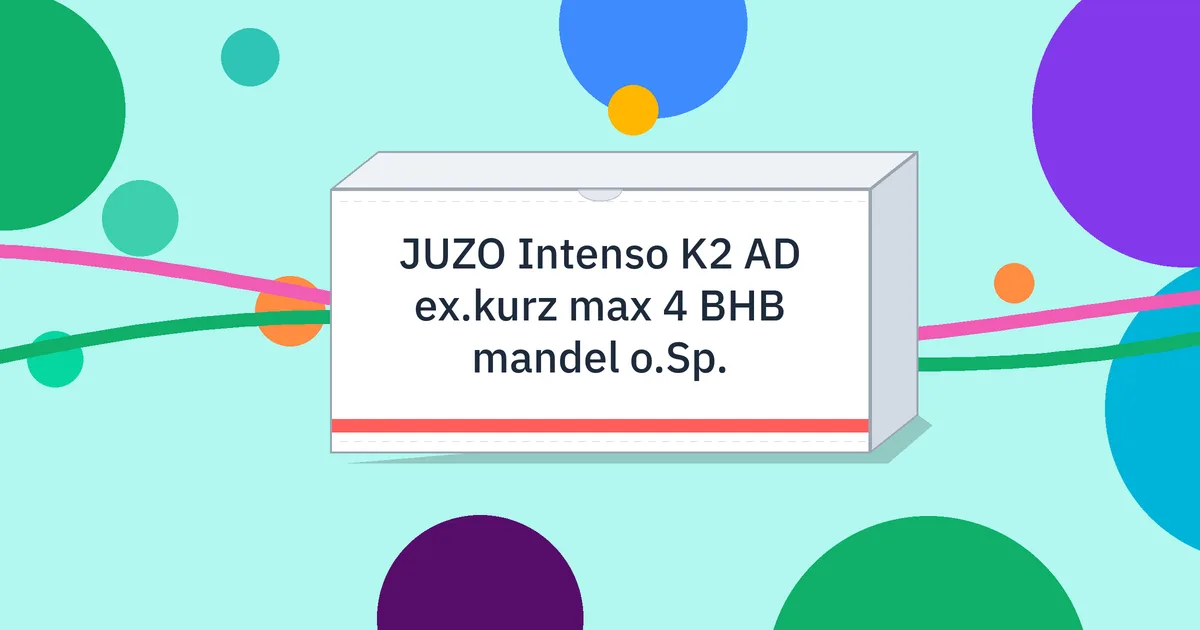 Symbolbild: Packung mit der Aufschrift JUZO Intenso K2 AD ex.kurz max 4 BHB mandel o.Sp. (PZN 18624600) – Verfügbarkeit und Bezug in Apotheken in Frankfurt am Main