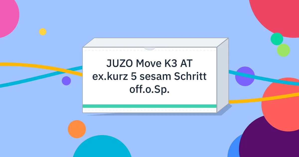 Symbolbild: Packung mit der Aufschrift JUZO Move K3 AT ex.kurz 5 sesam Schritt off.o.Sp. (PZN 20682094) – Verfügbarkeit und Bezug in Apotheken in Frankfurt am Main