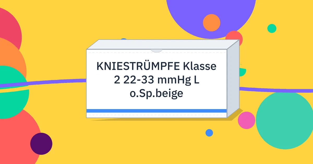 Symbolbild: Packung mit der Aufschrift KNIESTRÜMPFE Klasse 2 22-33 mmHg L o.Sp.beige (PZN 19072491) – Verfügbarkeit und Bezug in Apotheken in Frankfurt am Main