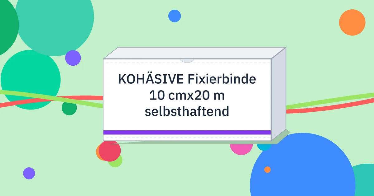 Symbolbild: Packung mit der Aufschrift KOHÄSIVE Fixierbinde 10 cmx20 m selbsthaftend (PZN 17542716) – Verfügbarkeit und Bezug in Apotheken in Frankfurt am Main
