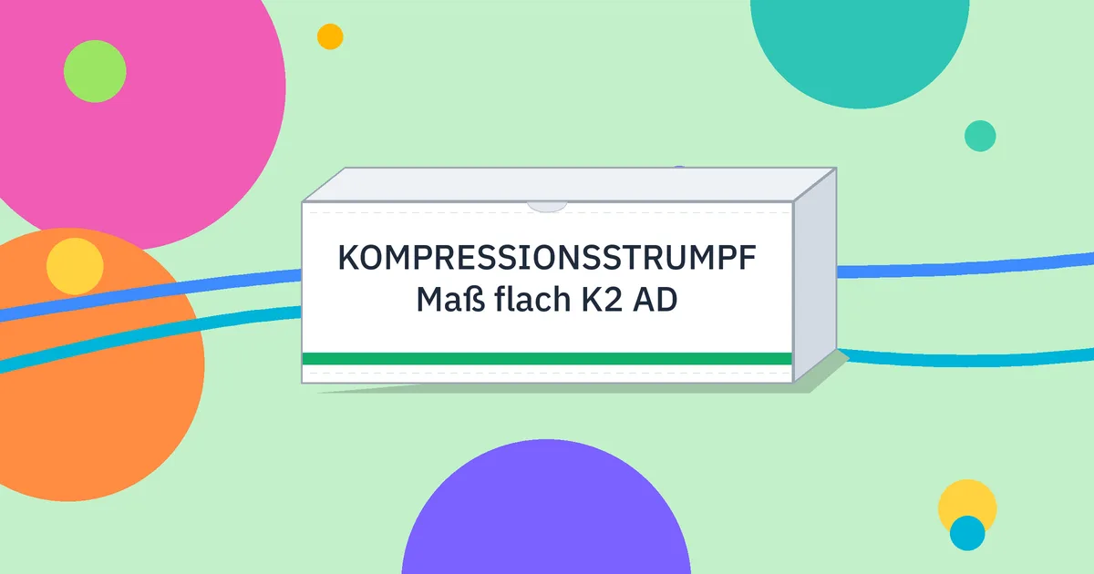 Symbolbild: Packung mit der Aufschrift KOMPRESSIONSSTRUMPF Maß flach K2 AD (PZN 16744949) – Verfügbarkeit und Bezug in Apotheken in Frankfurt am Main
