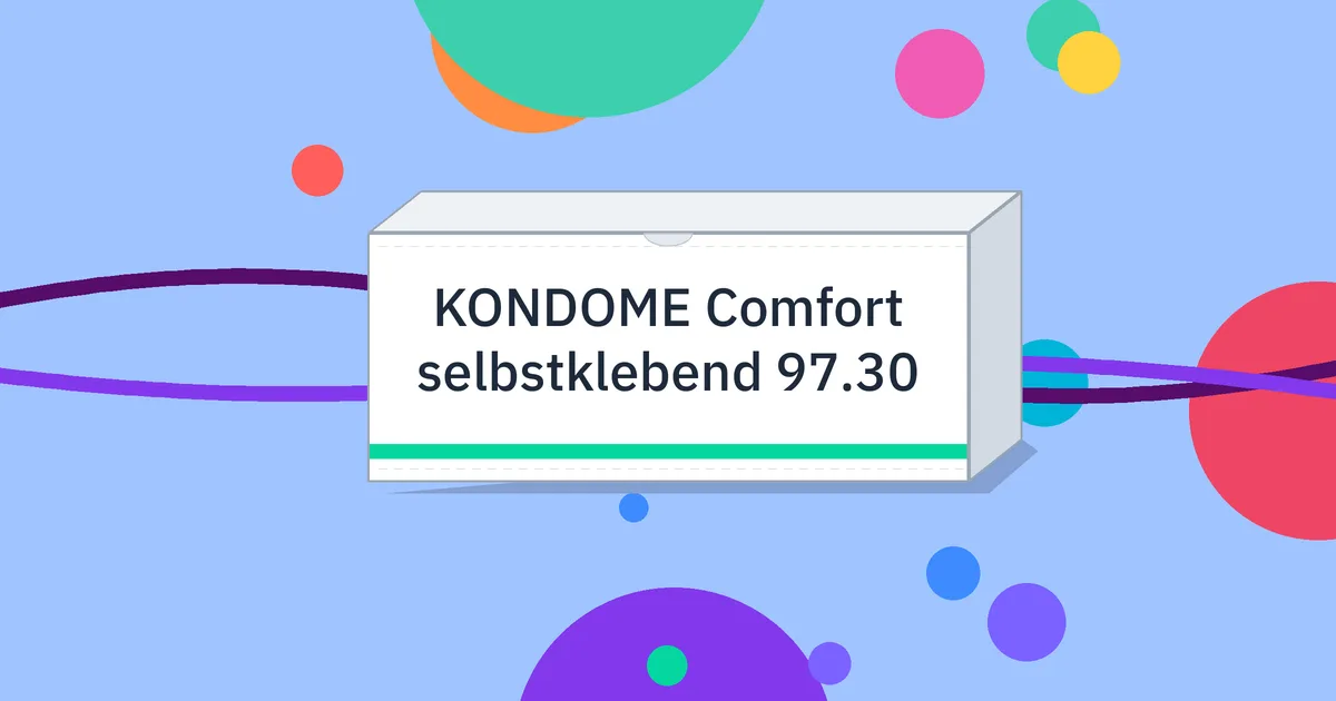 Symbolbild: Packung mit der Aufschrift KONDOME Comfort selbstklebend 97.30 (PZN 00590728) – Verfügbarkeit und Bezug in Apotheken in Frankfurt am Main