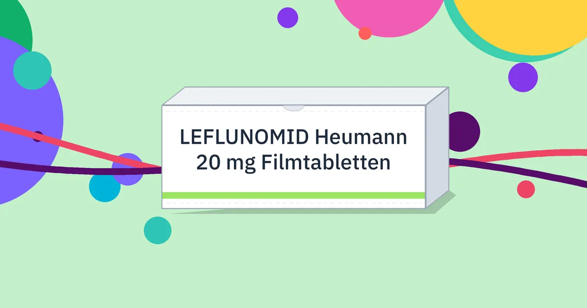 Symbolbild: Packung mit der Aufschrift LEFLUNOMID Heumann 20 mg Filmtabletten (PZN 13725590) – Verfügbarkeit und Bezug in Apotheken in Frankfurt am Main