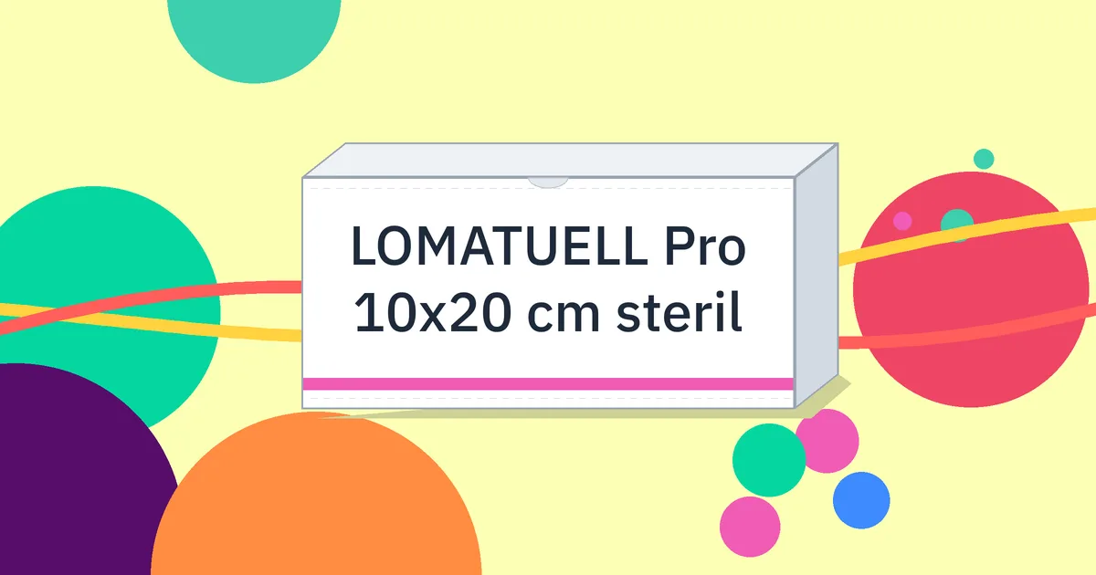 Symbolbild: Packung mit der Aufschrift LOMATUELL Pro 10x20 cm steril (PZN 18668282) – Verfügbarkeit und Bezug in Apotheken in Frankfurt am Main