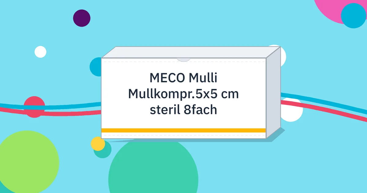Symbolbild: Packung mit der Aufschrift MECO Mulli Mullkompr.5x5 cm steril 8fach (PZN 19520593) – Verfügbarkeit und Bezug in Apotheken in Frankfurt am Main
