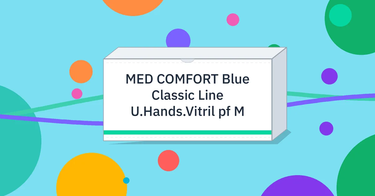 Symbolbild: Packung mit der Aufschrift MED COMFORT Blue Classic Line U.Hands.Vitril pf M (PZN 16880233) – Verfügbarkeit und Bezug in Apotheken in Frankfurt am Main
