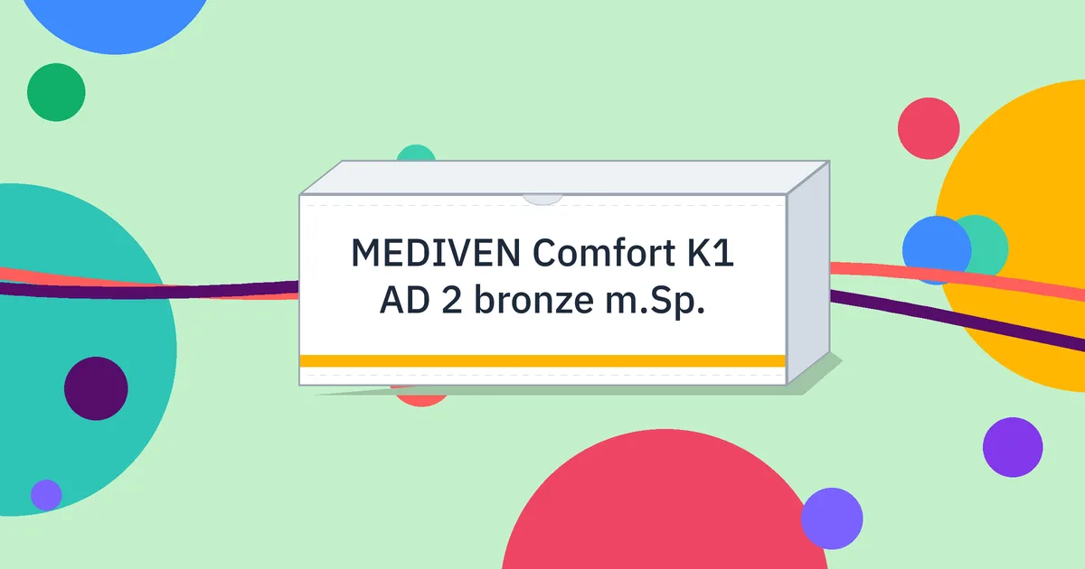 Symbolbild: Packung mit der Aufschrift MEDIVEN Comfort K1 AD 2 bronze m.Sp. (PZN 14559171) – Verfügbarkeit und Bezug in Apotheken in Frankfurt am Main