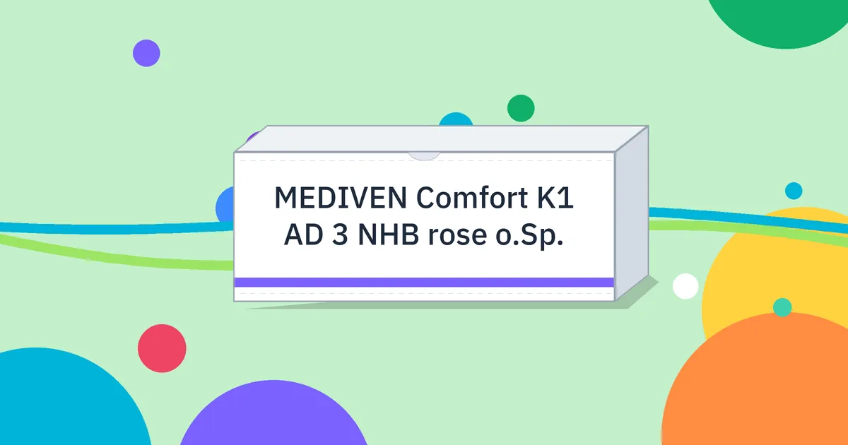 Symbolbild: Packung mit der Aufschrift MEDIVEN Comfort K1 AD 3 NHB rose o.Sp. (PZN 14560145) – Verfügbarkeit und Bezug in Apotheken in Frankfurt am Main