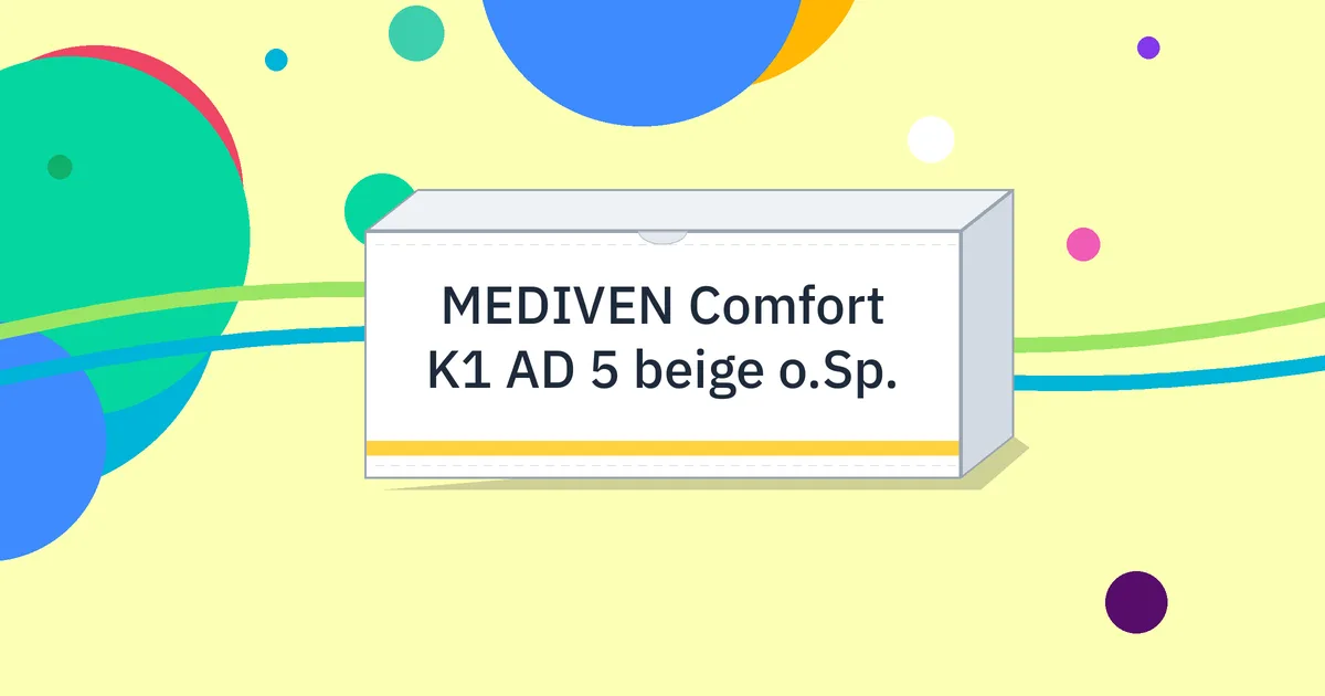 Symbolbild: Packung mit der Aufschrift MEDIVEN Comfort K1 AD 5 beige o.Sp. (PZN 14559366) – Verfügbarkeit und Bezug in Apotheken in Frankfurt am Main