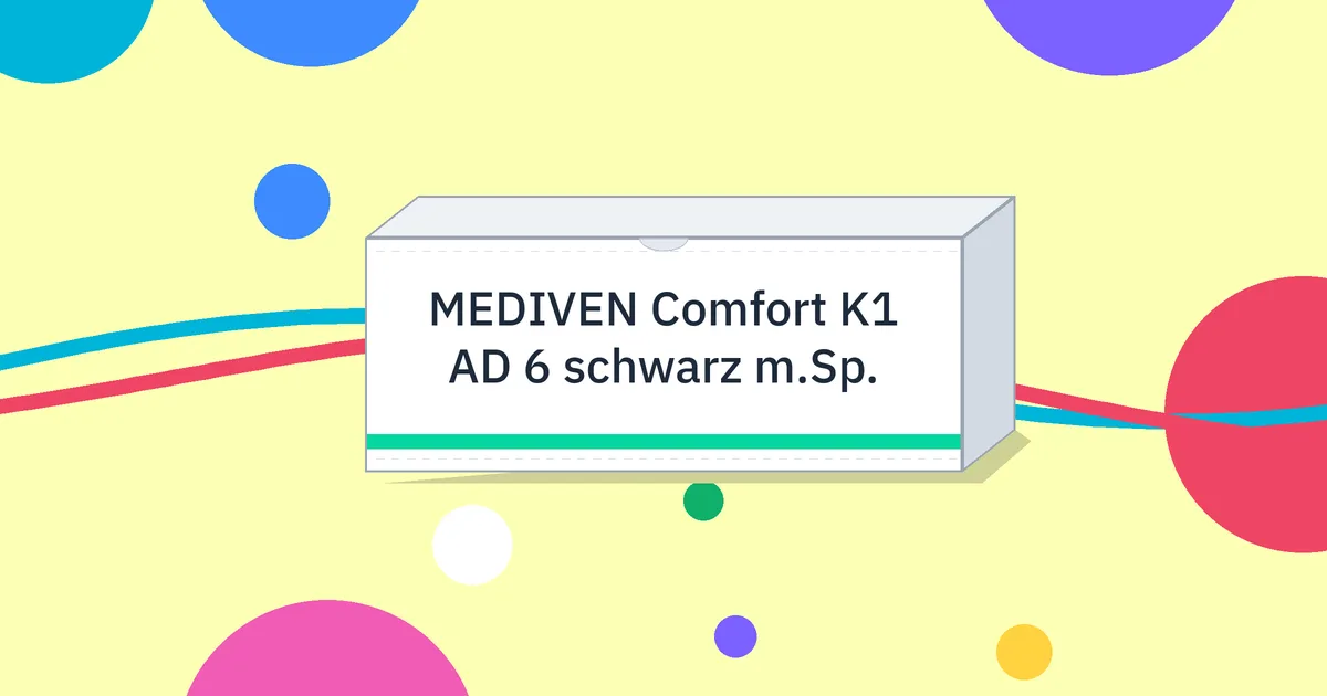Symbolbild: Packung mit der Aufschrift MEDIVEN Comfort K1 AD 6 schwarz m.Sp. (PZN 04418512) – Verfügbarkeit und Bezug in Apotheken in Frankfurt am Main