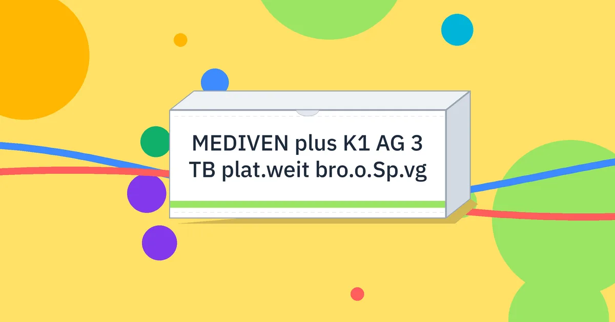 Symbolbild: Packung mit der Aufschrift MEDIVEN plus K1 AG 3 TB plat.weit bro.o.Sp.vg (PZN 15061757) – Verfügbarkeit und Bezug in Apotheken in Frankfurt am Main