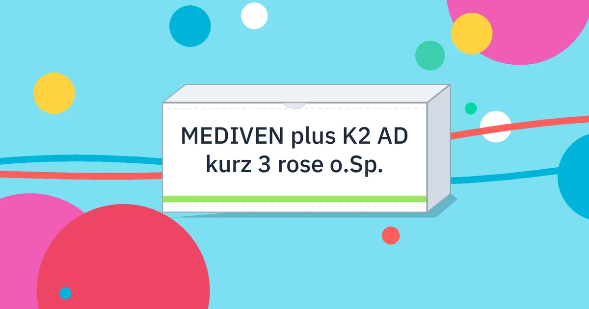 Symbolbild: Packung mit der Aufschrift MEDIVEN plus K2 AD kurz 3 rose o.Sp. (PZN 15096997) – Verfügbarkeit und Bezug in Apotheken in Frankfurt am Main