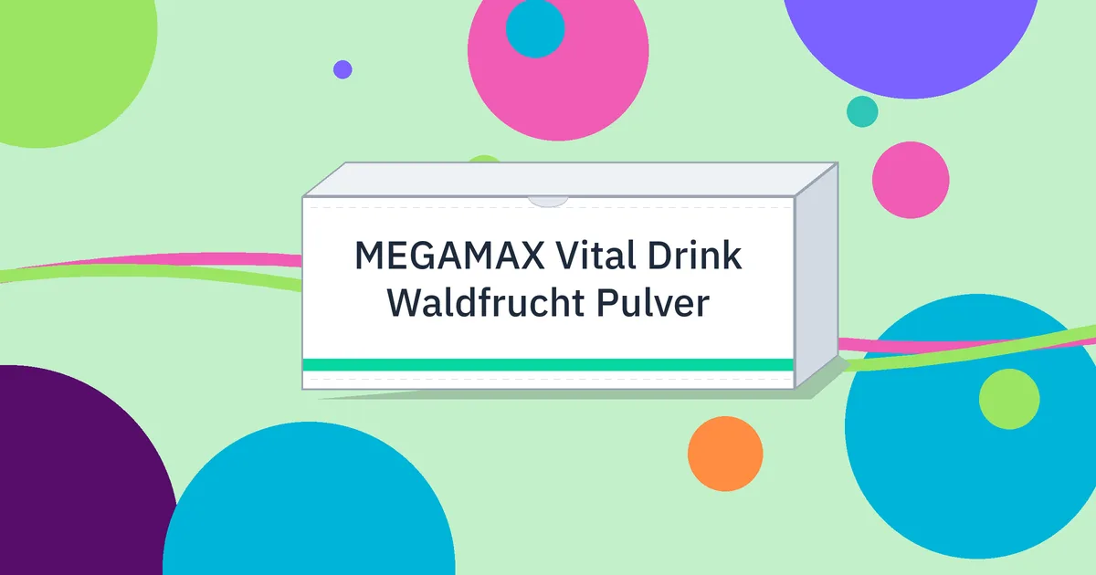 Symbolbild: Packung mit der Aufschrift MEGAMAX Vital Drink Waldfrucht Pulver (PZN 18159497) – Verfügbarkeit und Bezug in Apotheken in Frankfurt am Main