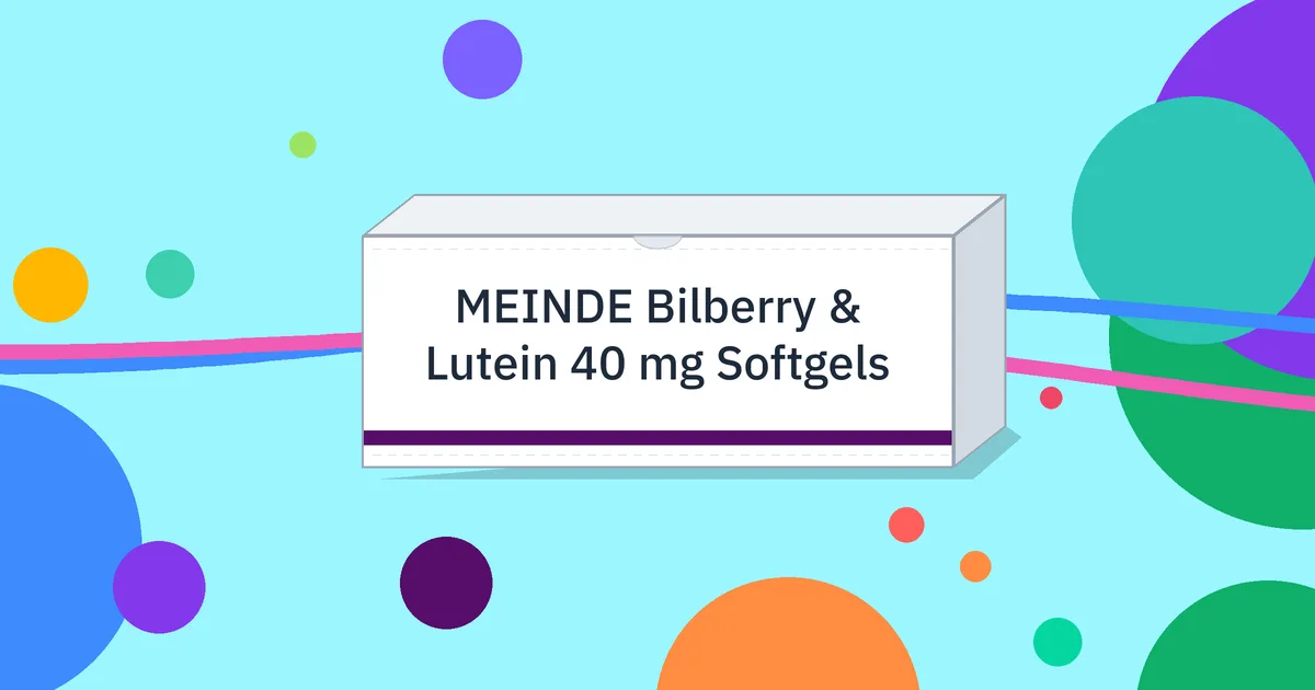 Symbolbild: Packung mit der Aufschrift MEINDE Bilberry & Lutein 40 mg Softgels (PZN 20103452) – Verfügbarkeit und Bezug in Apotheken in Frankfurt am Main